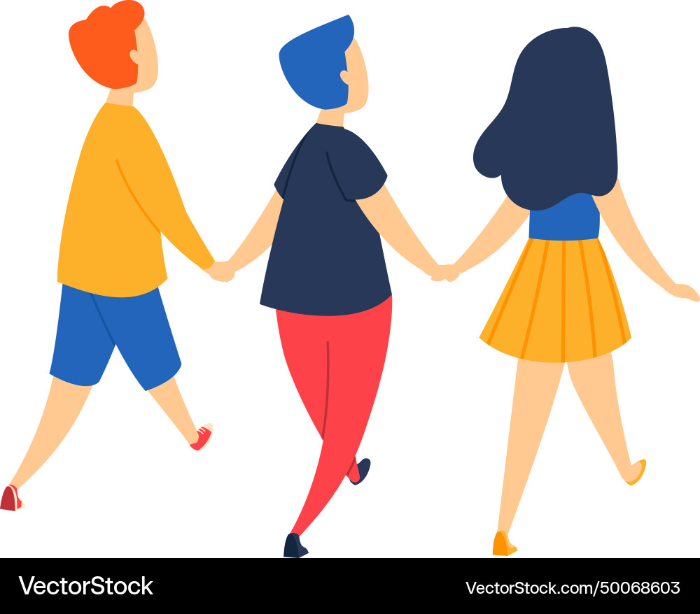 Three kids holding hands walking together back Vector Image