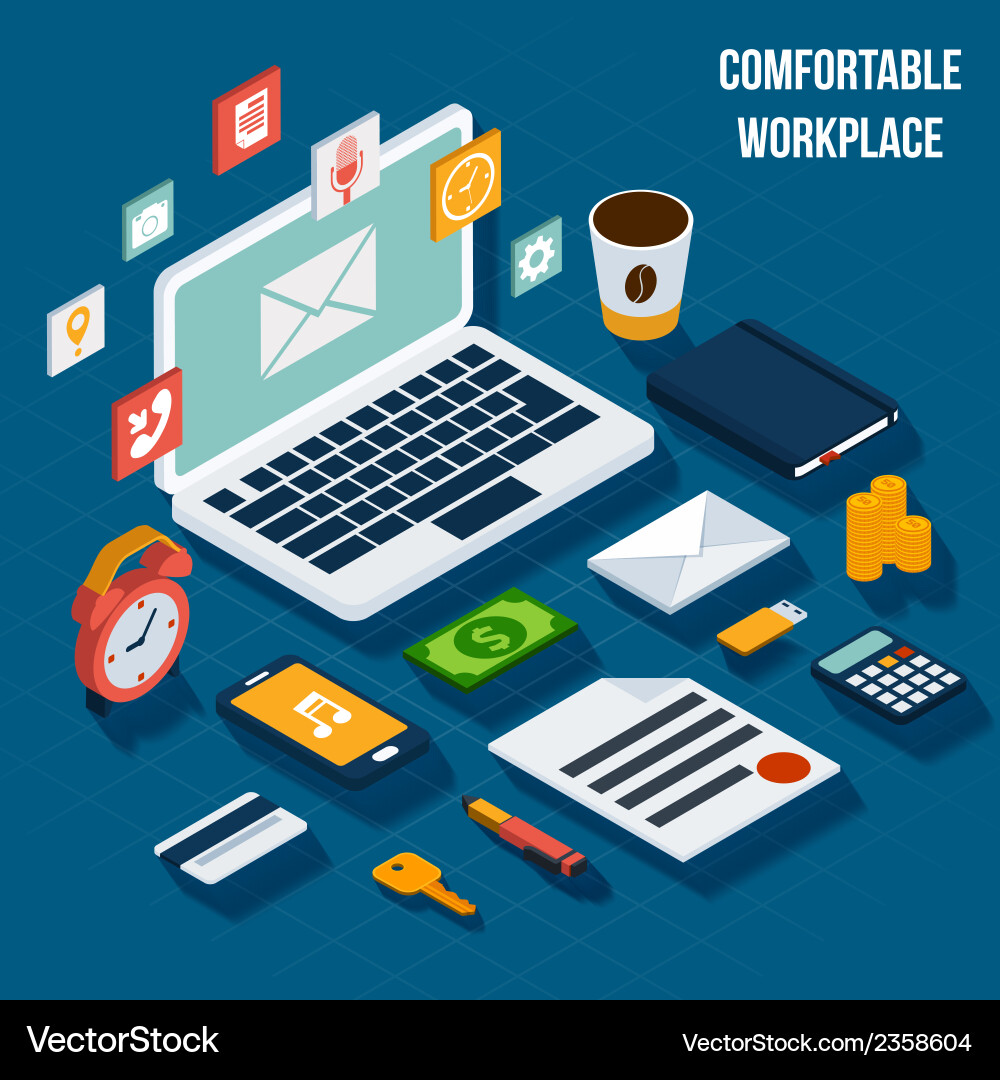 Workplace elements isometric Royalty Free Vector Image