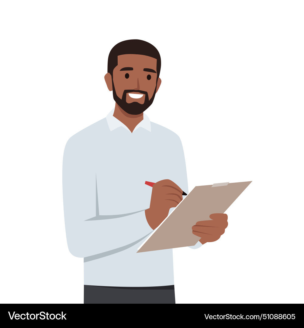 Young man writing notes write on clipboard Vector Image