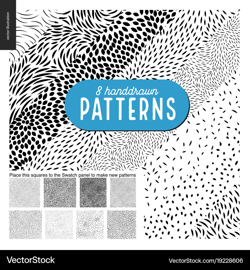 Hand drawn black and white 8 patterns set Vector Image