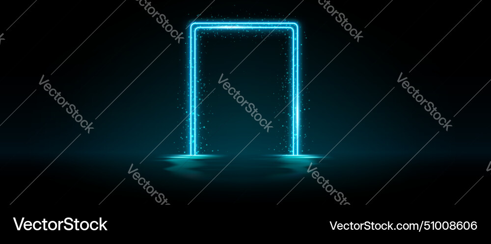 Neon door frame with sparkles and water surface Vector Image