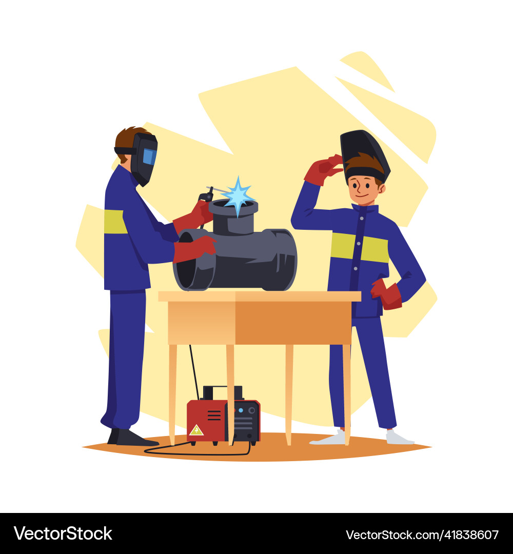 Welders weld a large pipeline assembly or turbine Vector Image