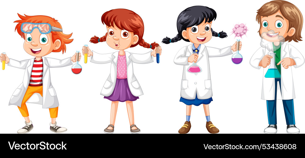 Children in lab coats with test tubes Royalty Free Vector