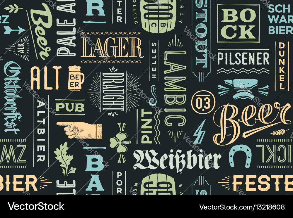 Seamless pattern with types of beer and hand drawn