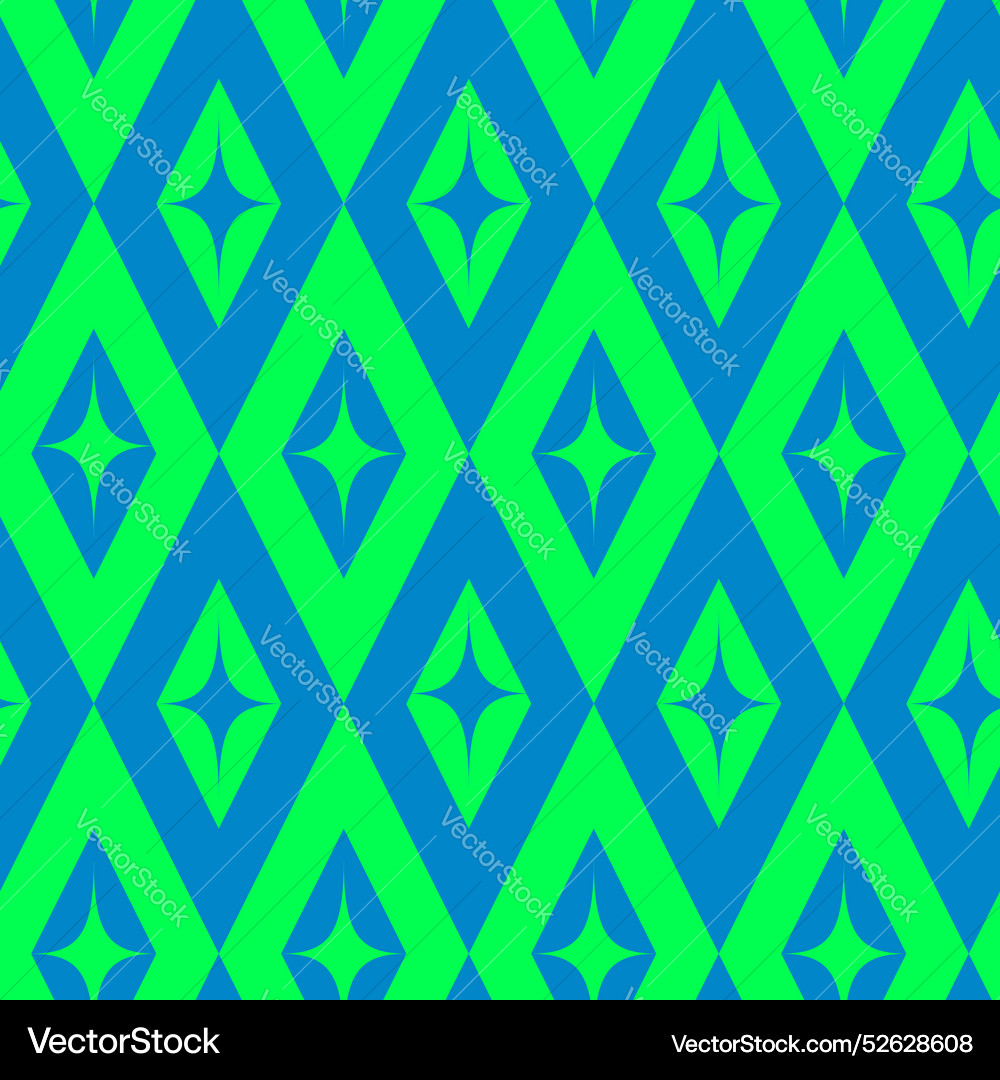 Starbursts on green blue diamonds seamless pattern