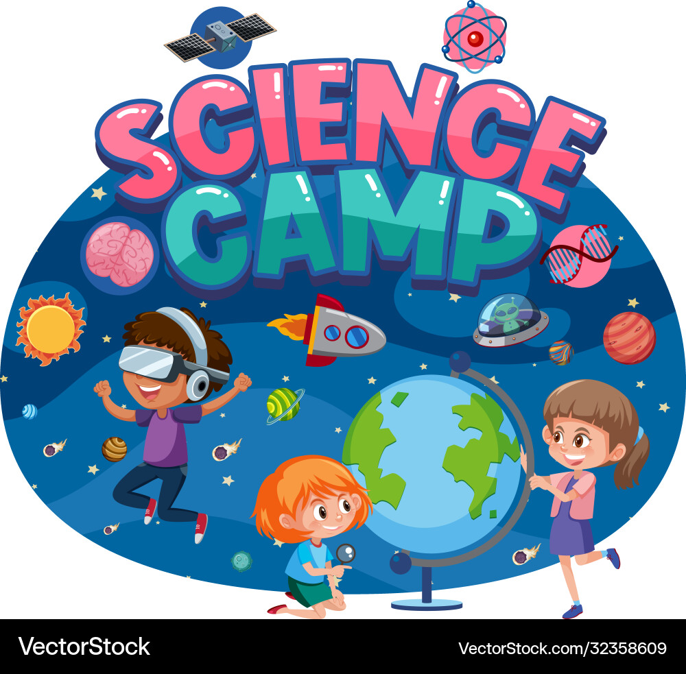 Science camp logo with kids and space objects Vector Image