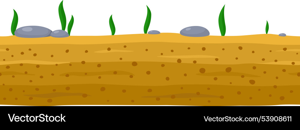 A sandy beach with rocks and green grass Vector Image