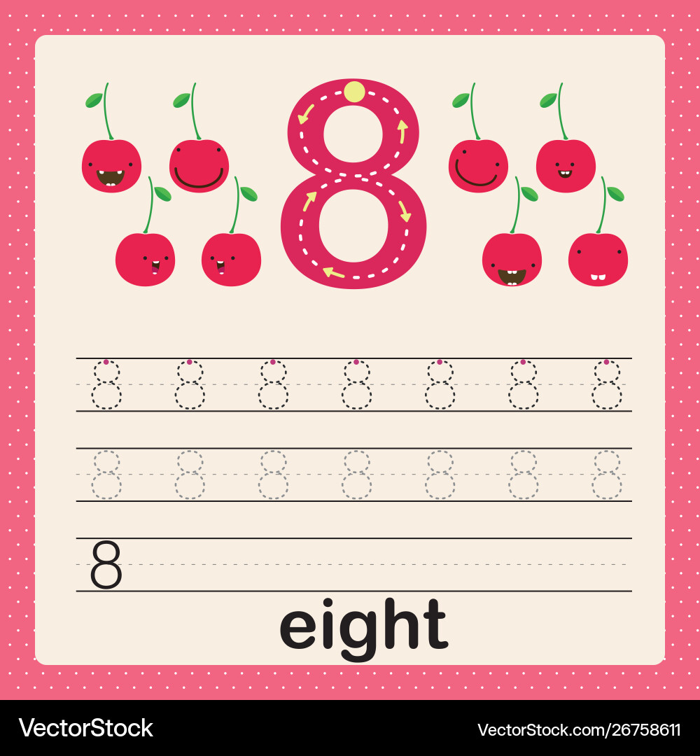 Number 8 card for kids learn to count and write Vector Image