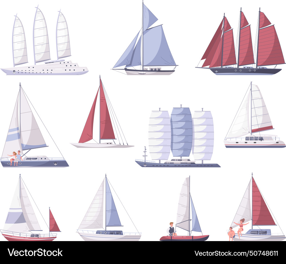 Sail yachts cartoon set Royalty Free Vector Image