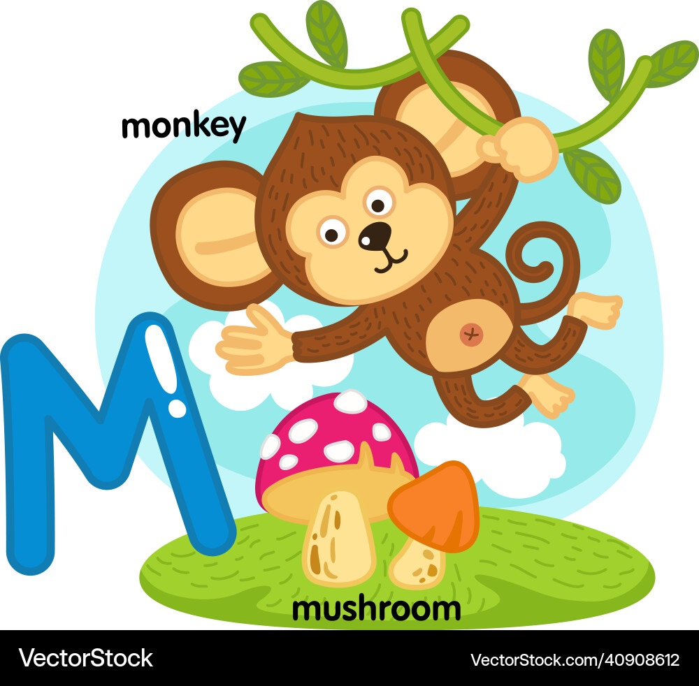 Alphabet isolated letter m-monkey-mushroom Vector Image