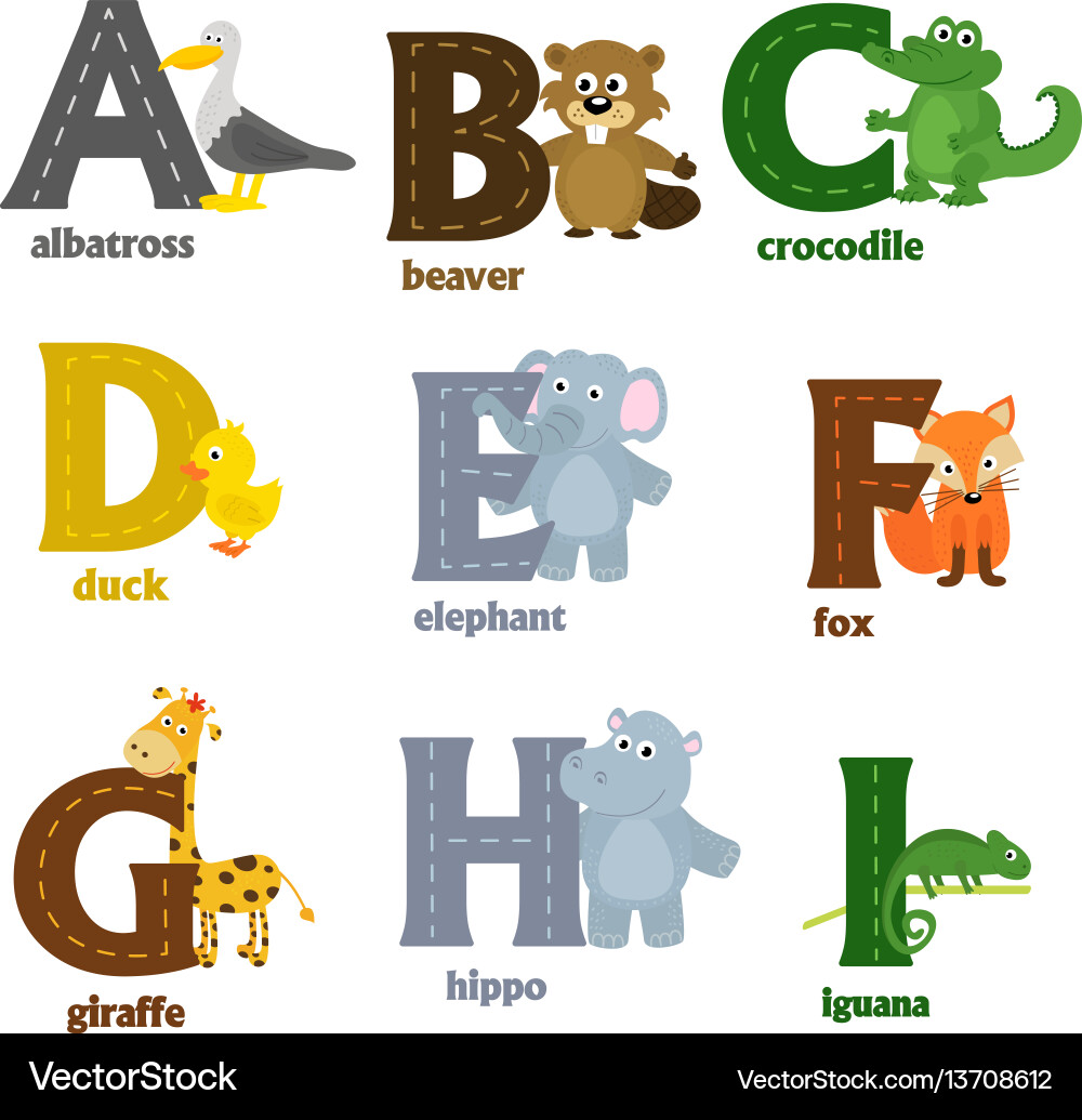 Alphabet with animals a to i Royalty Free Vector Image