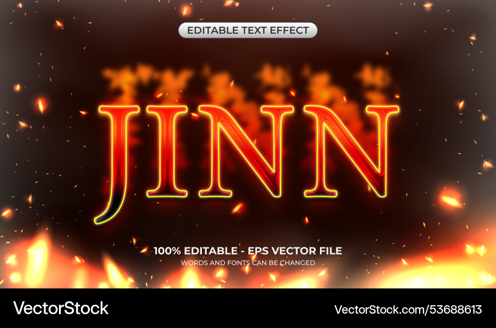 Jinn text effect with flames editable burnt font Vector Image