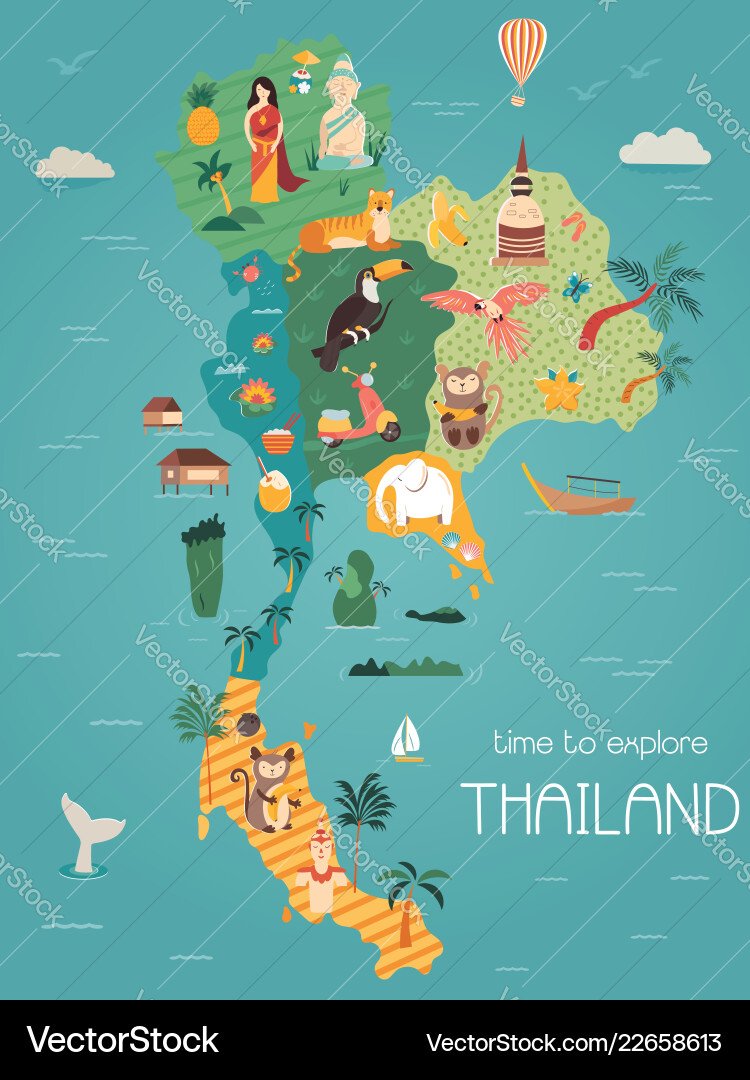 Thailand cartoon map with destinations elements Vector Image