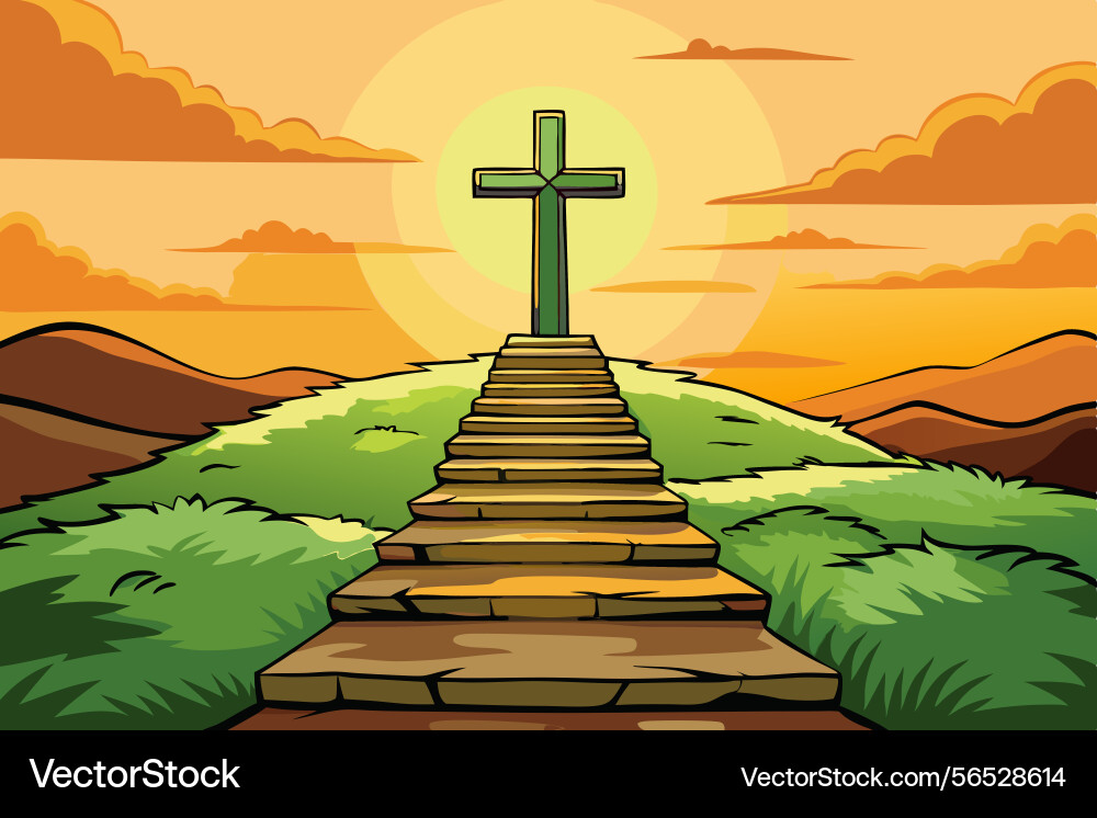 Hilltop cross on stone steps leading upward Vector Image