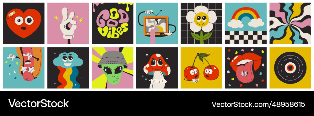 Funny cute characters square posters with groovy Vector Image