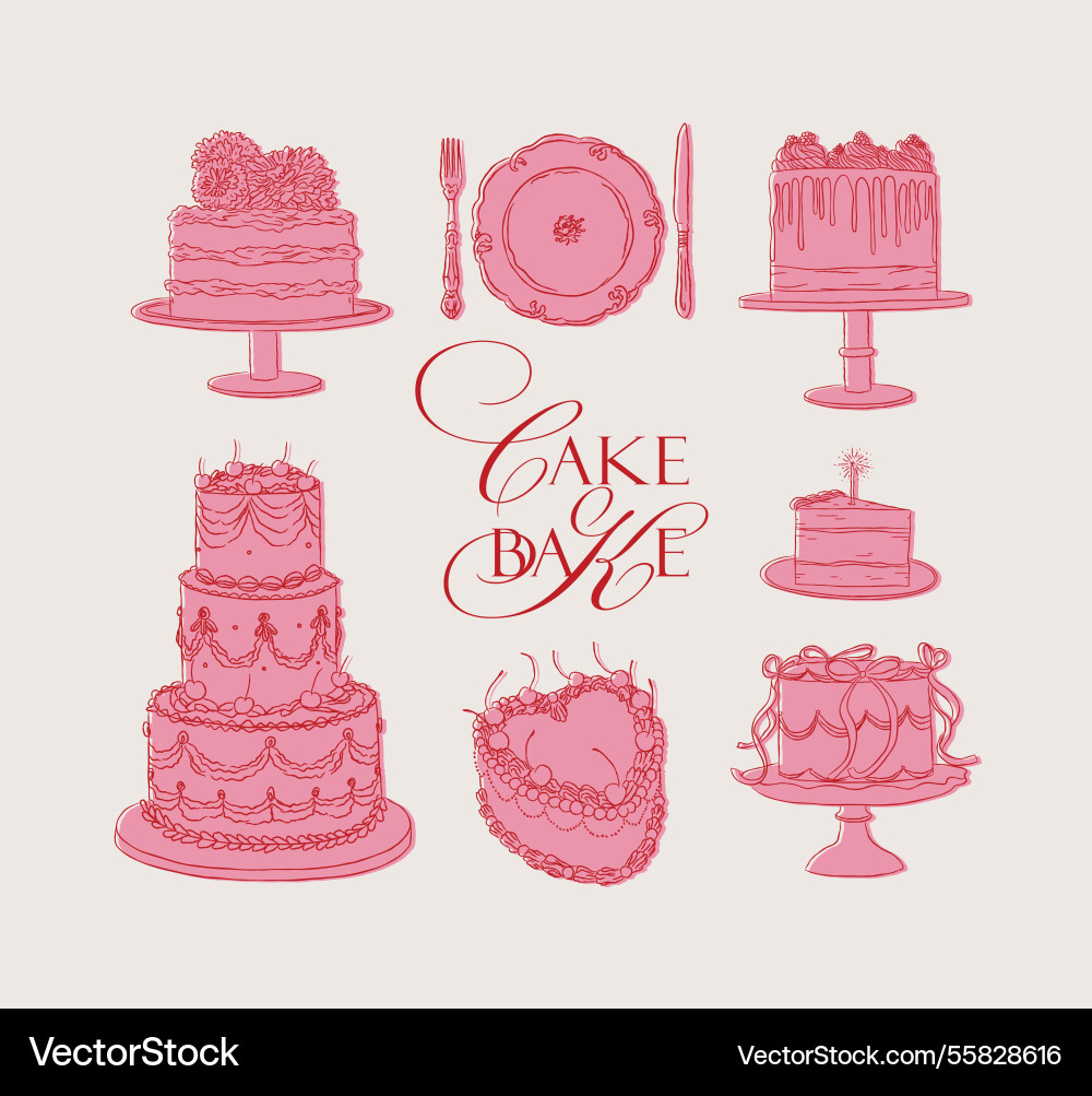 Cake one and two tier collection drawing Vector Image