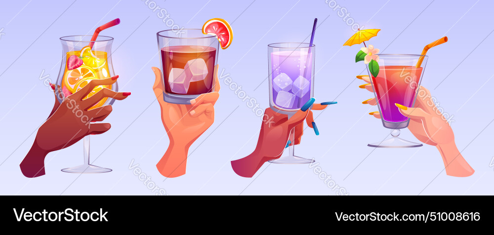 Glasses with cocktails in human hands Royalty Free Vector