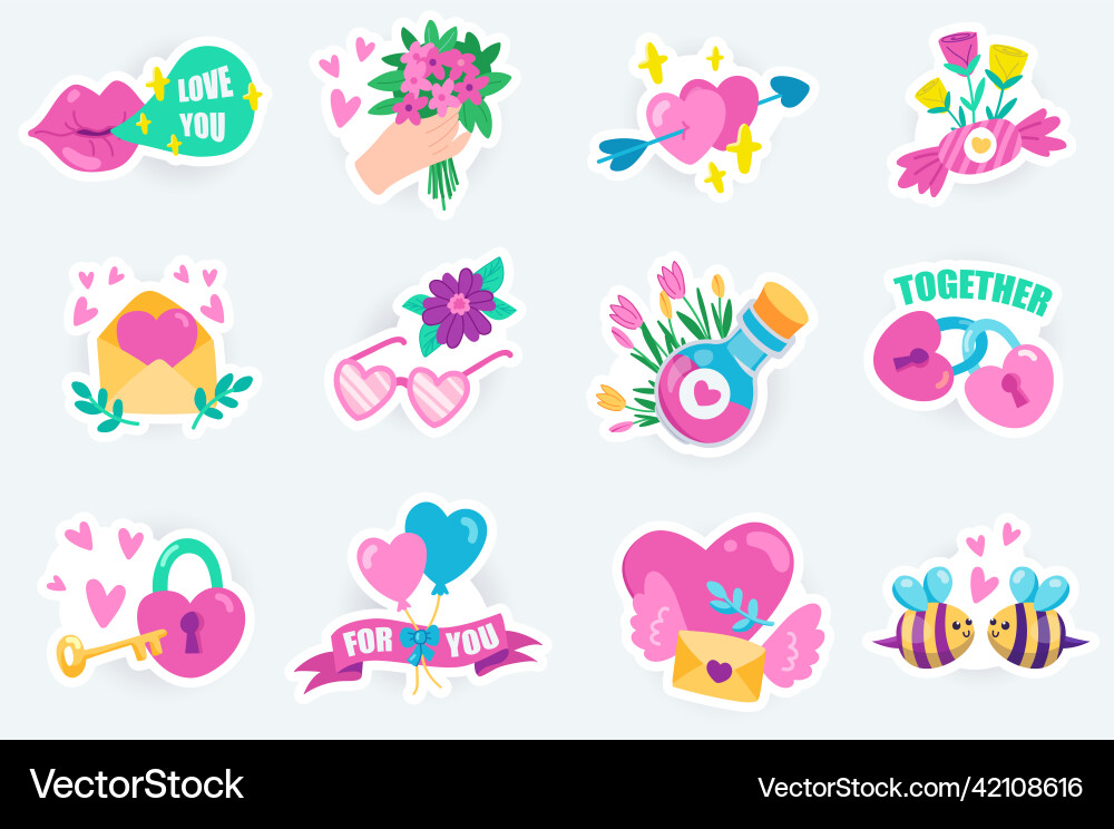 Love and romantic cute stickers set in flat Vector Image