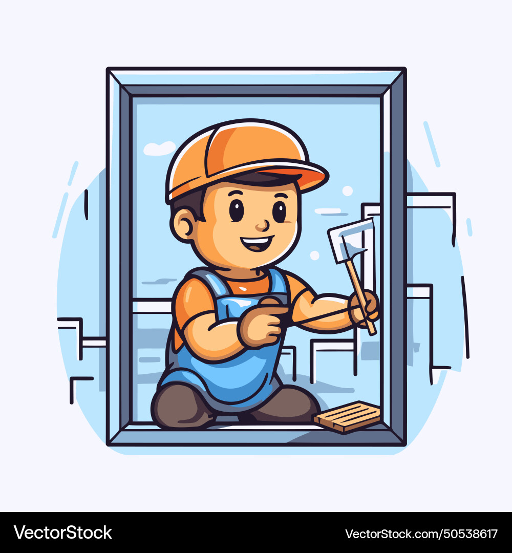 Cartoon handyman cleaning window in style Vector Image