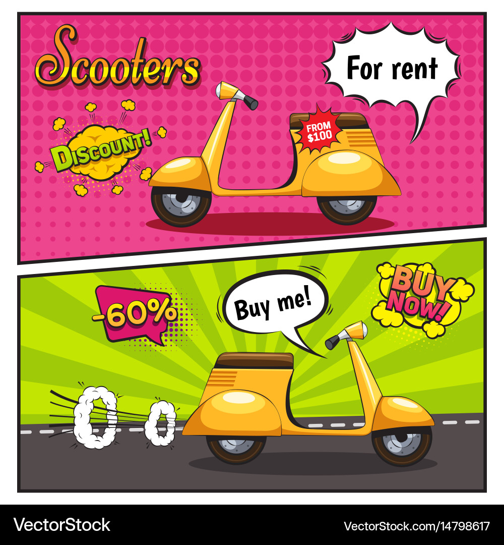 Scooters comic style banners Royalty Free Vector Image