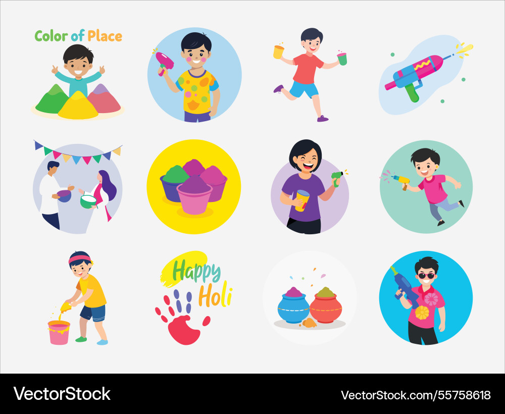 Holi icon pack colorful icons Royalty Free Vector Image