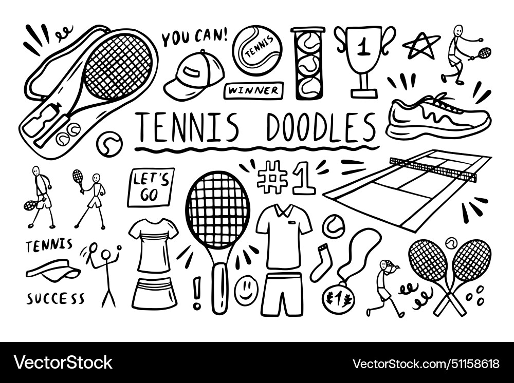 Tennis doodle elements set big tennis racket Vector Image