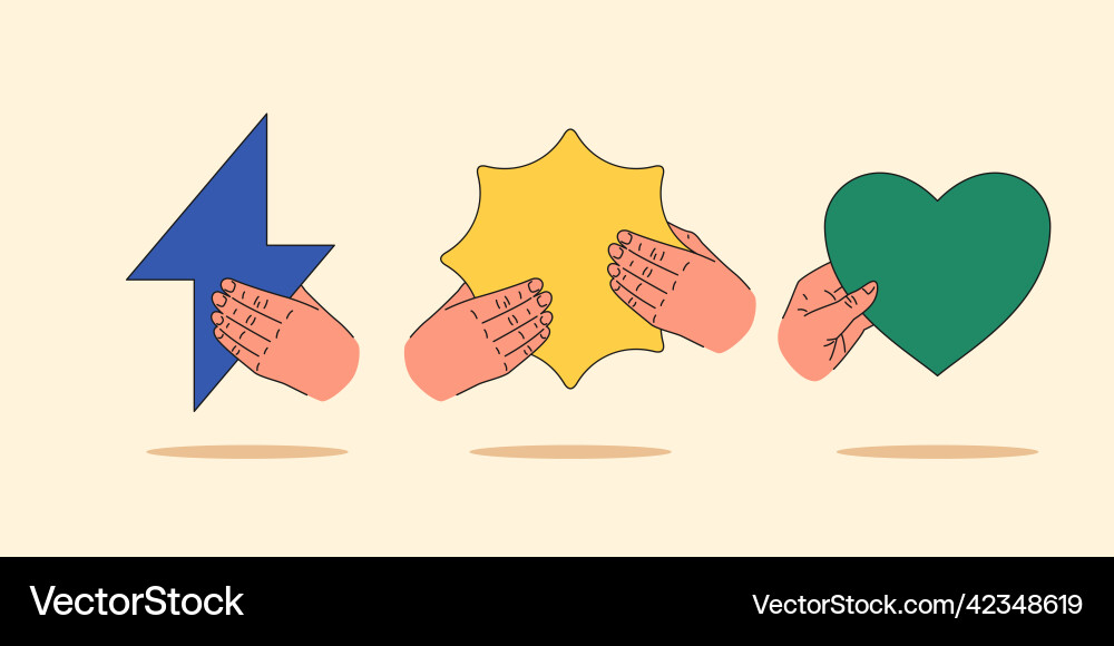 Human hands hold various geometric flat shapes Vector Image