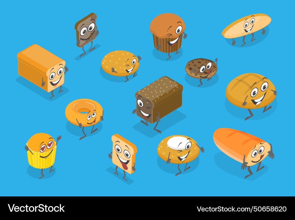 3d isometric flat set of bread characters Vector Image