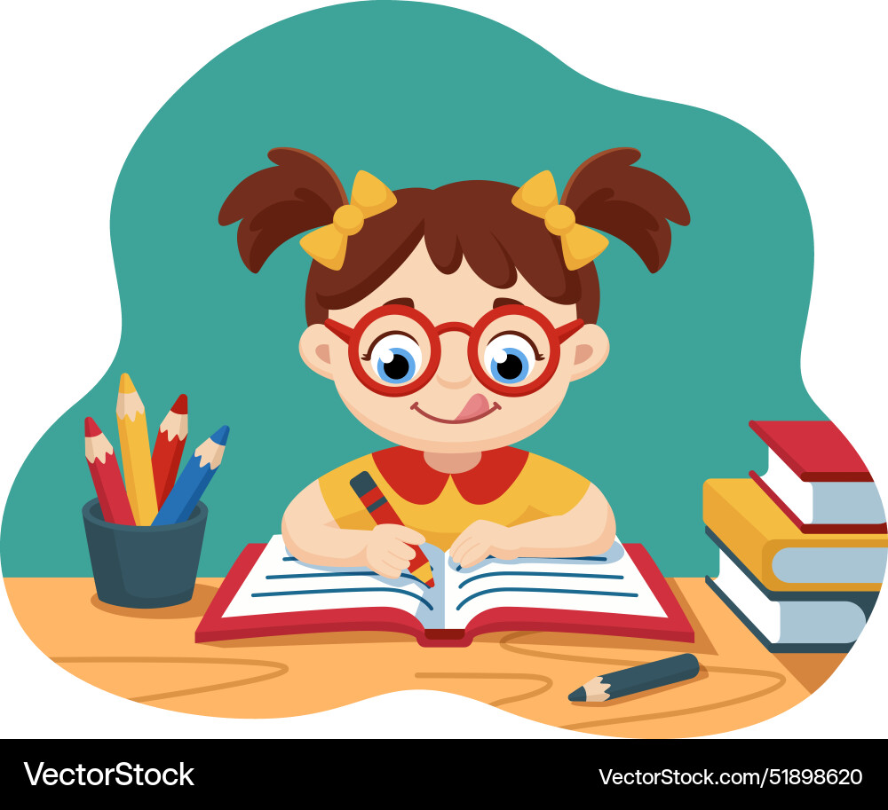 Cute girl student doing homework at the table – Royalty-Free Vector ...