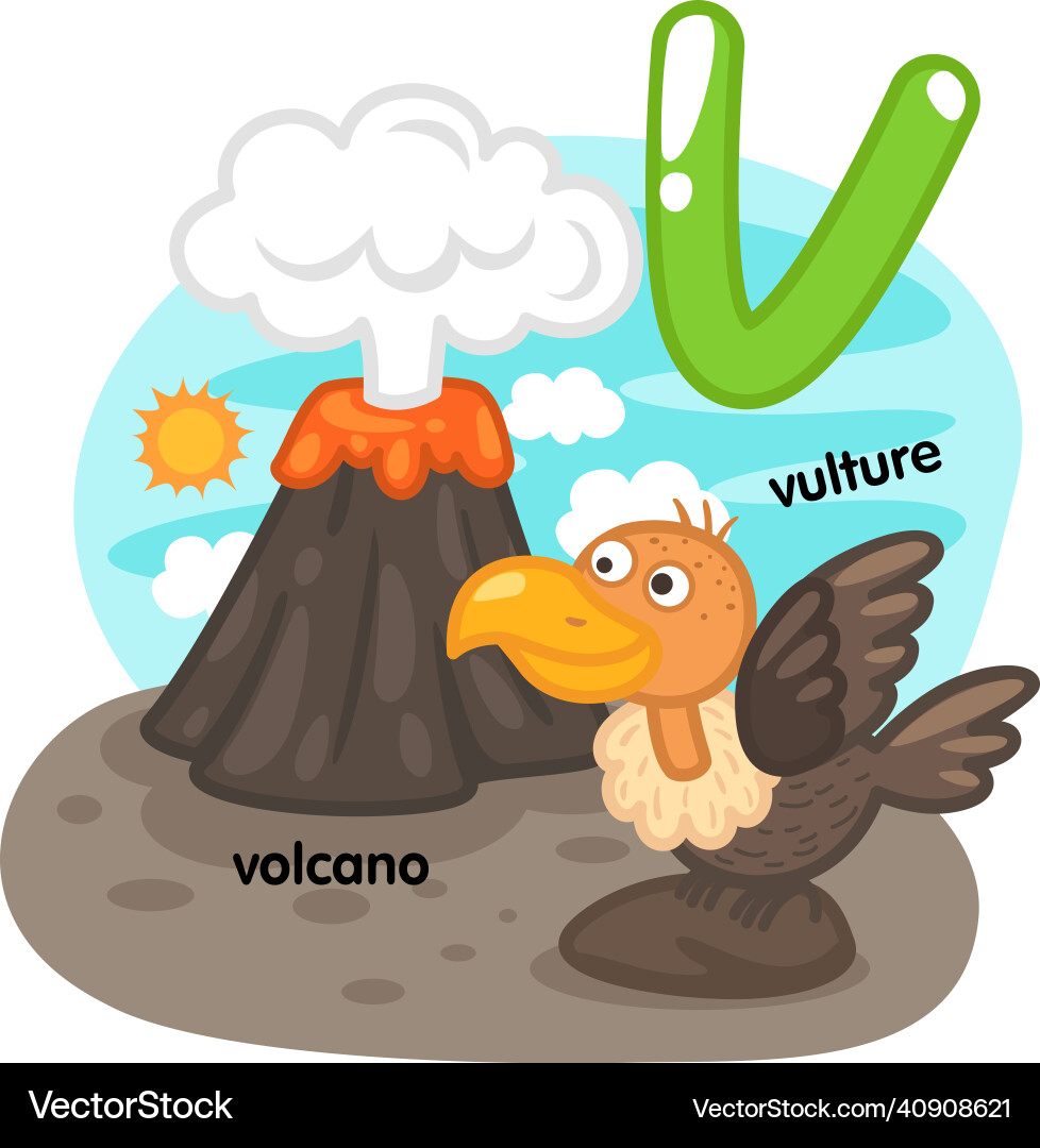 Alphabet isolated letter v-volcano-vulture Vector Image