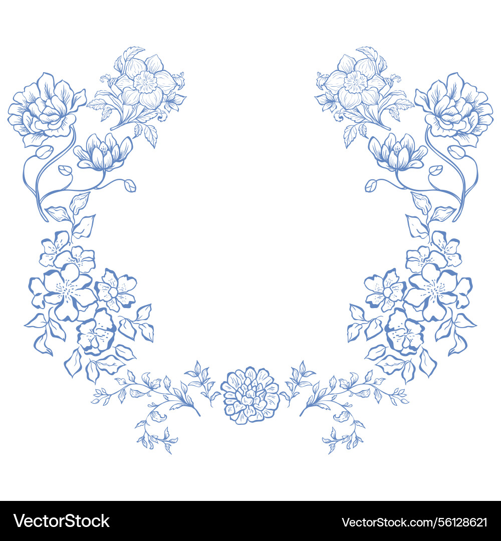 Line art blue floral frame Royalty Free Vector Image