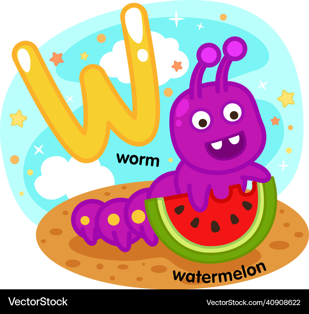 Alphabet isolated letter w-worm-watermelon Vector Image
