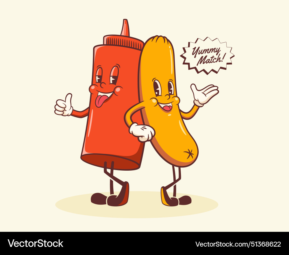 Groovy hotdog retro characters label cartoon Vector Image Groovy hotdog retro characters label cartoon Vector Image