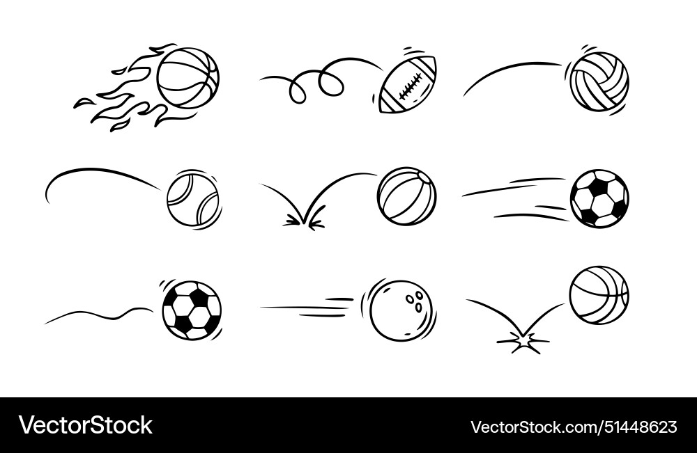 Doodle sport ball trajectory bounce collection Vector Image