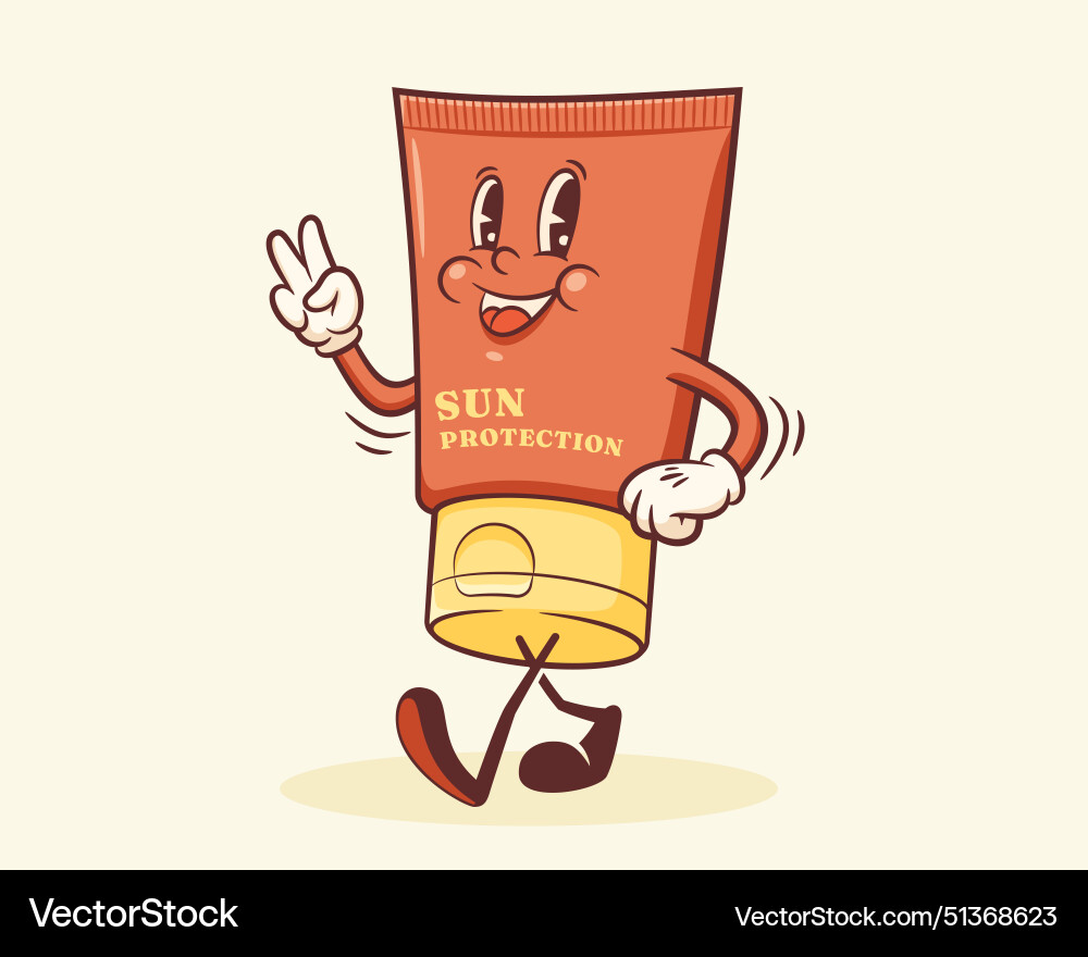 Groovy sunscreen cream retro character cartoon Vector Image