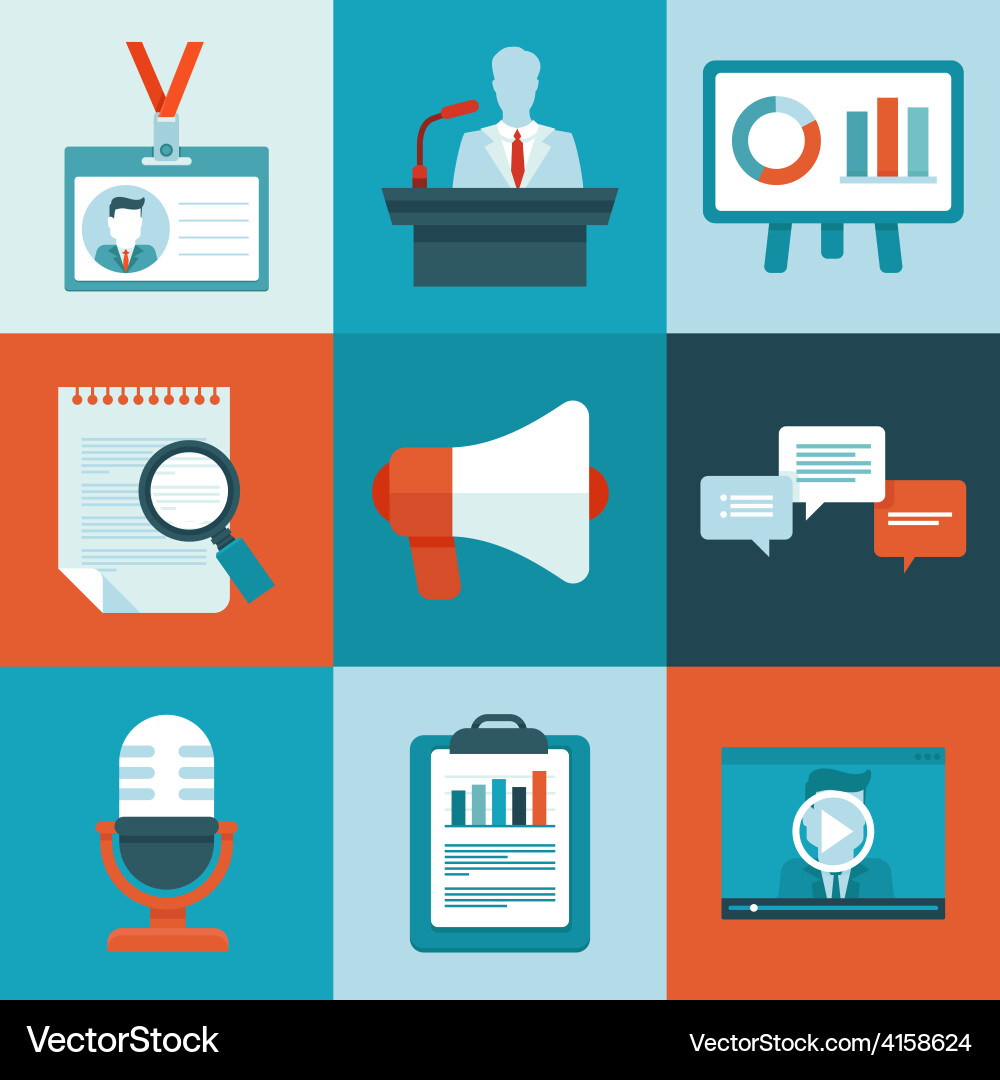 Conference icons in flat style Royalty Free Vector Image