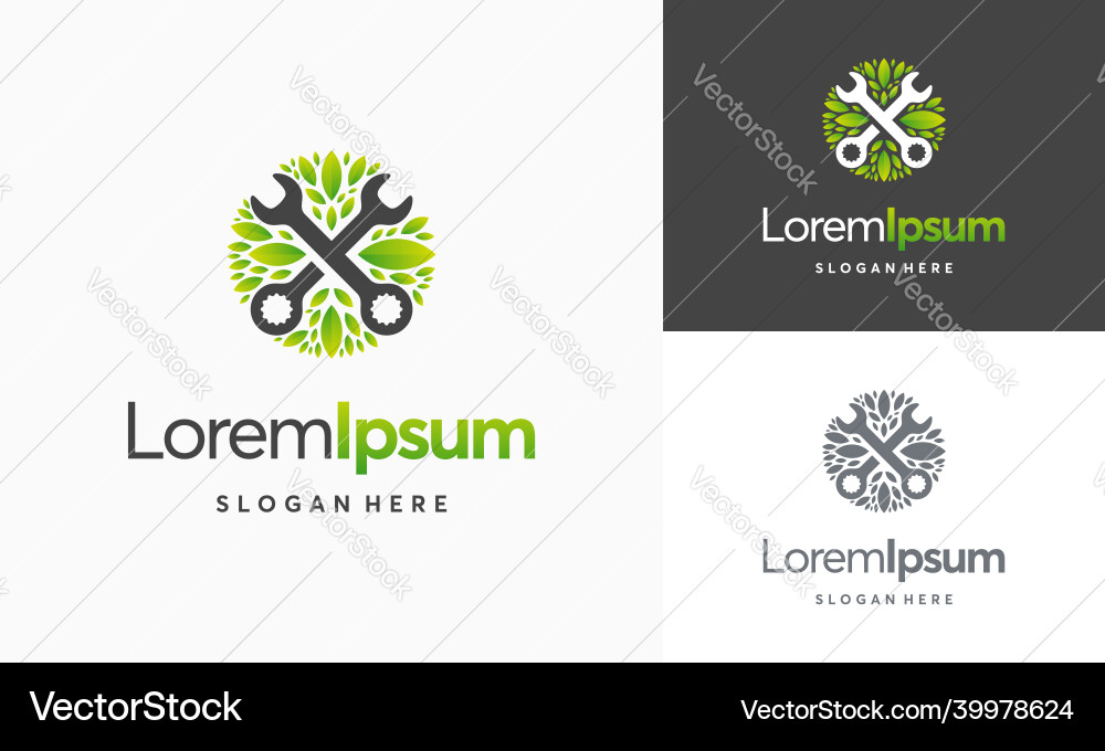 Green service logo design template wrench tree Vector Image