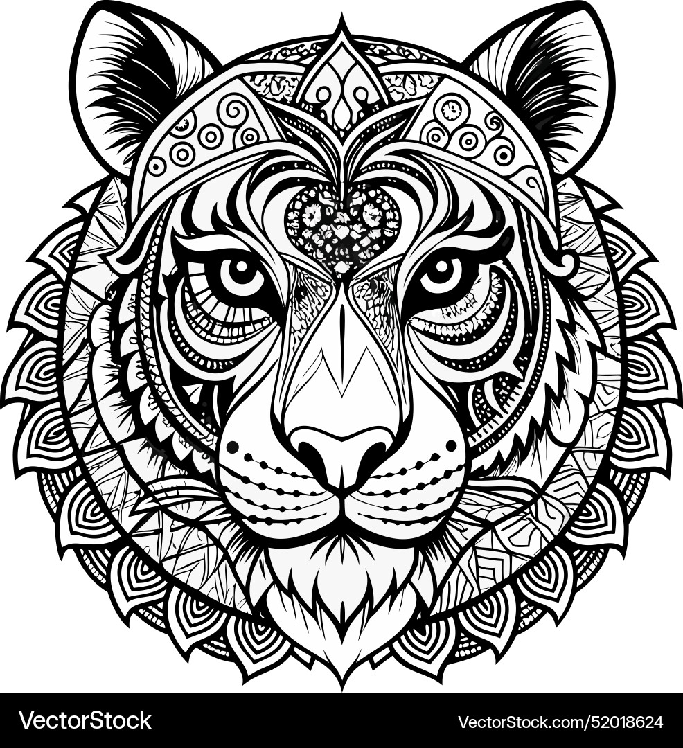 Tiger head mandala entangle coloring page Vector Image