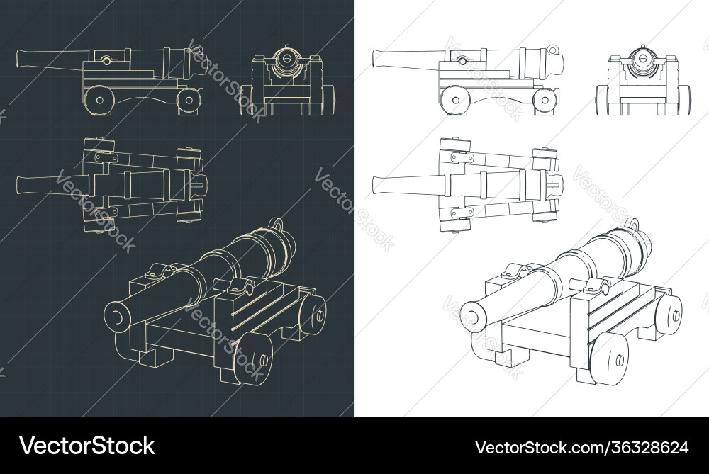Vintage naval cannon drawings Royalty Free Vector Image