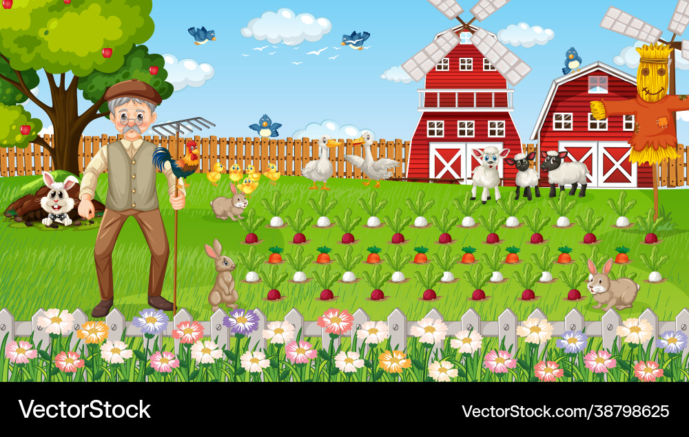 Farm scene at daytime with old farmer man Vector Image