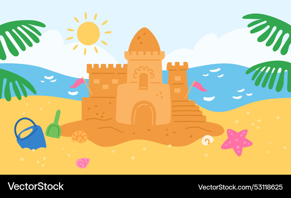 Sand castle on beach children building Royalty Free Vector