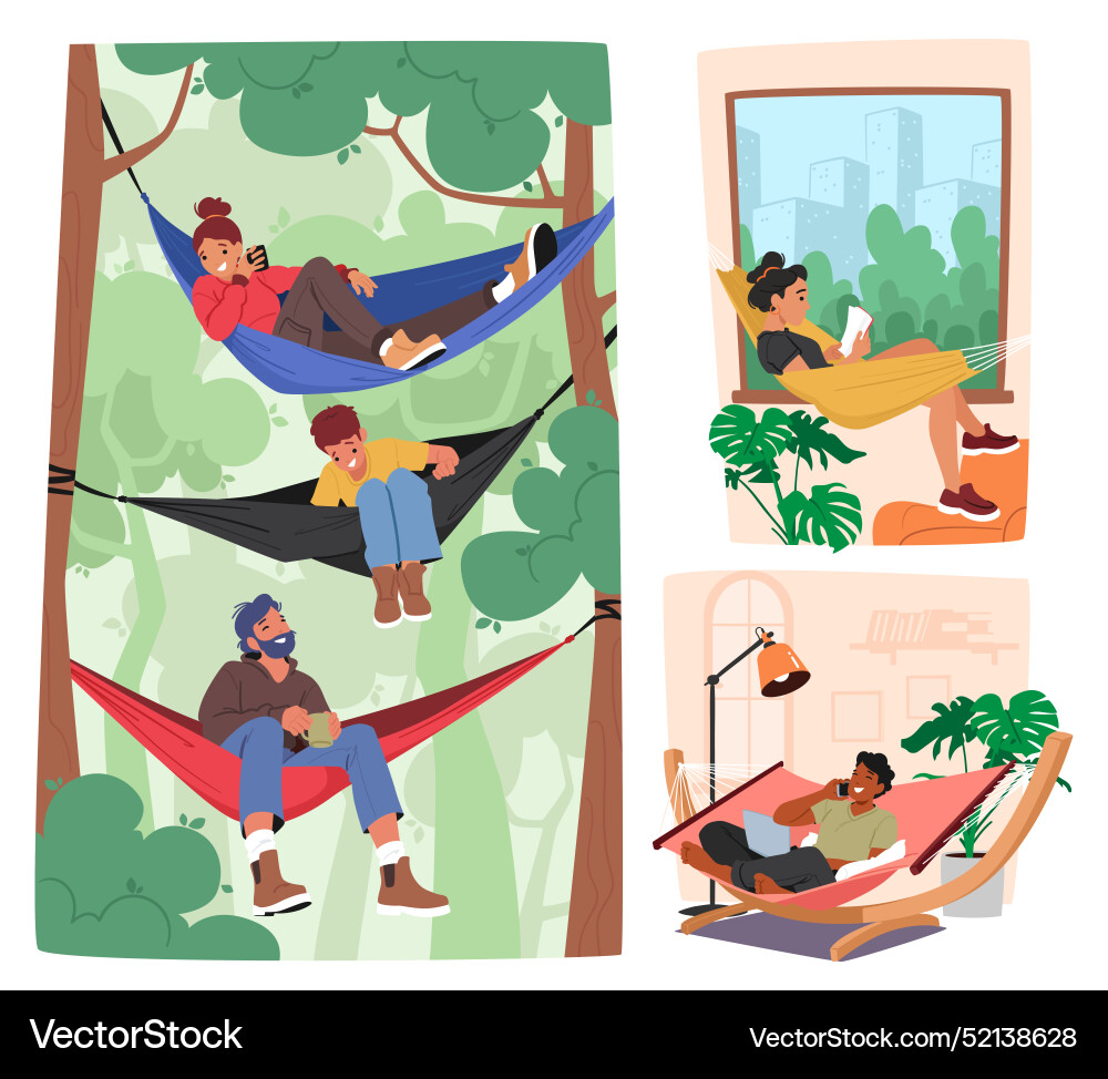 Diverse people relaxing in hammocks both outdoors Vector Image