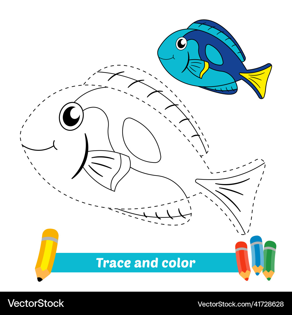 Kids Trace & Color Blue Tang Fish Royalty Free Vector