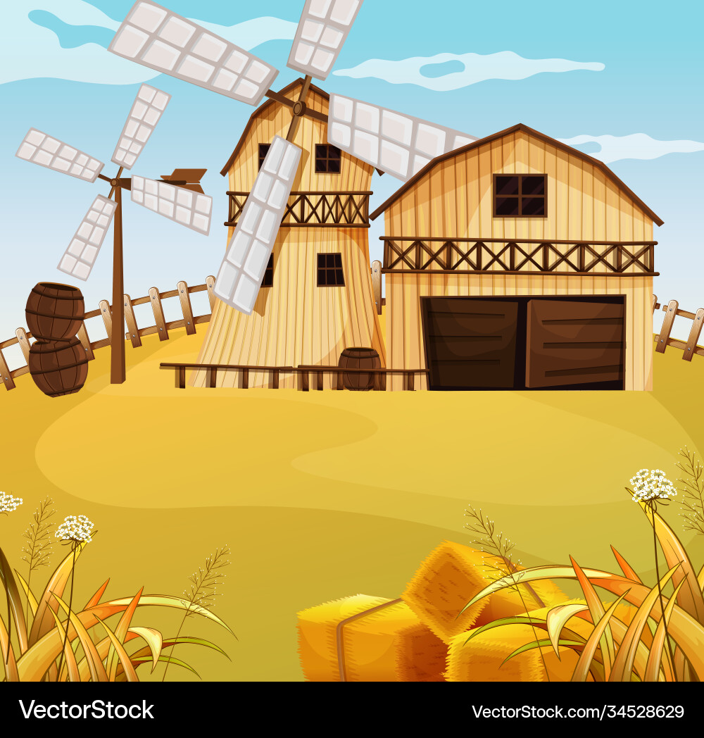 Farm scene in nature with barn and windmill Vector Image