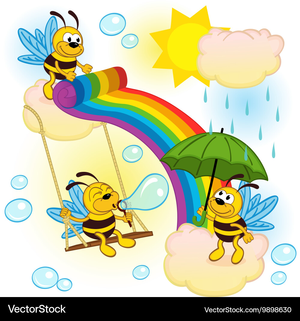 Bees playing in sky with a rainbow Royalty Free Vector Image
