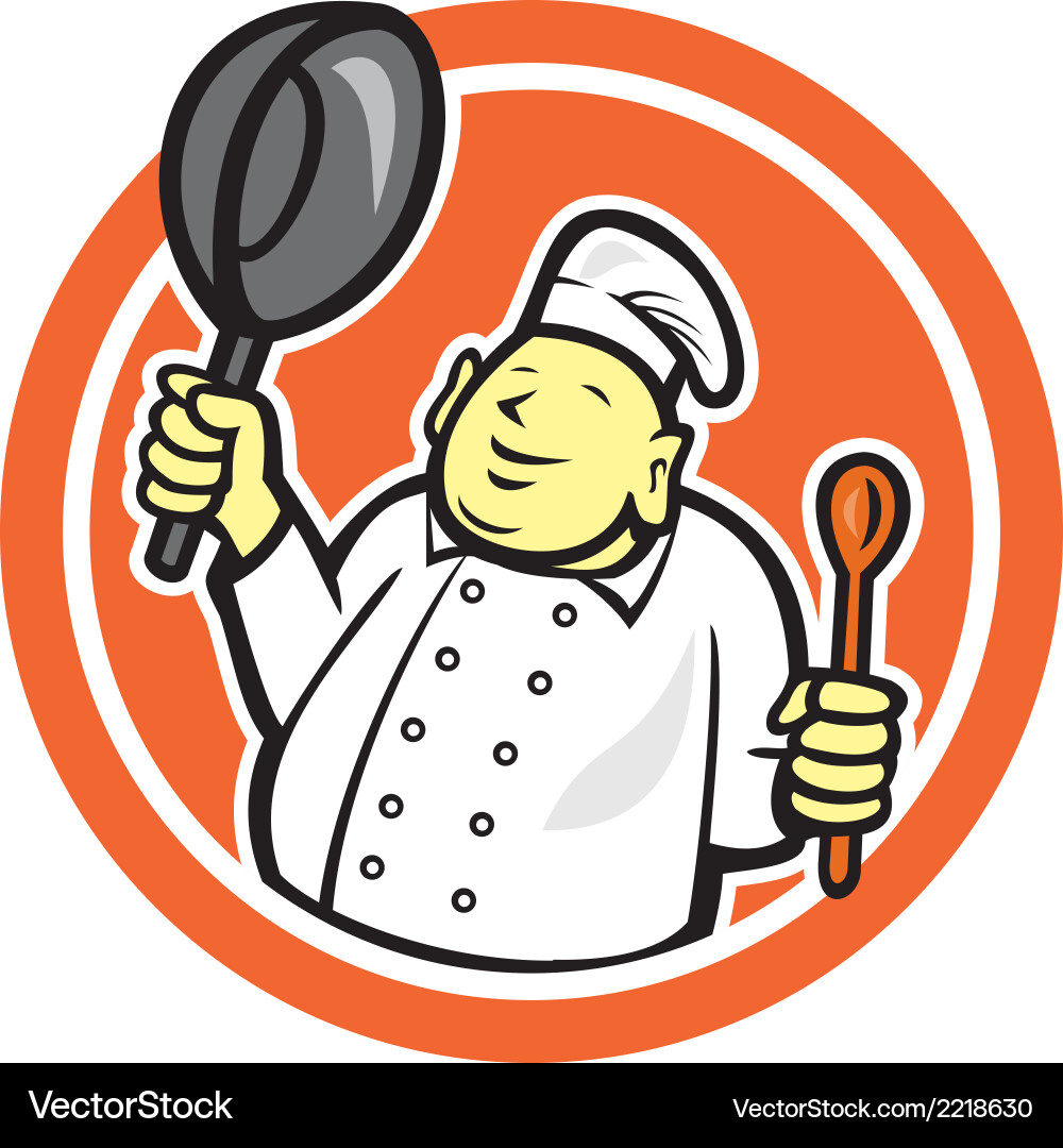 Fat buddha chef cook holding pan circle cartoon Vector Image