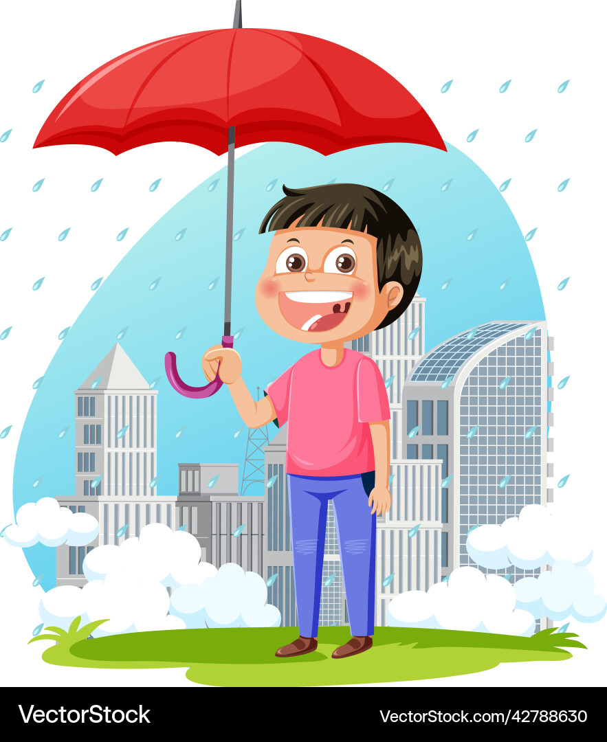 Rainy day with a boy cartoon character Royalty Free Vector