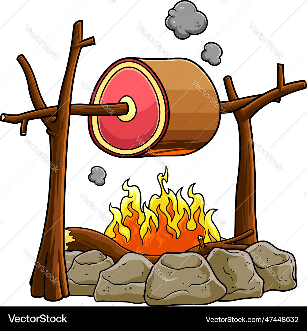 Cartoon camp fire with flames and grilling meat Vector Image