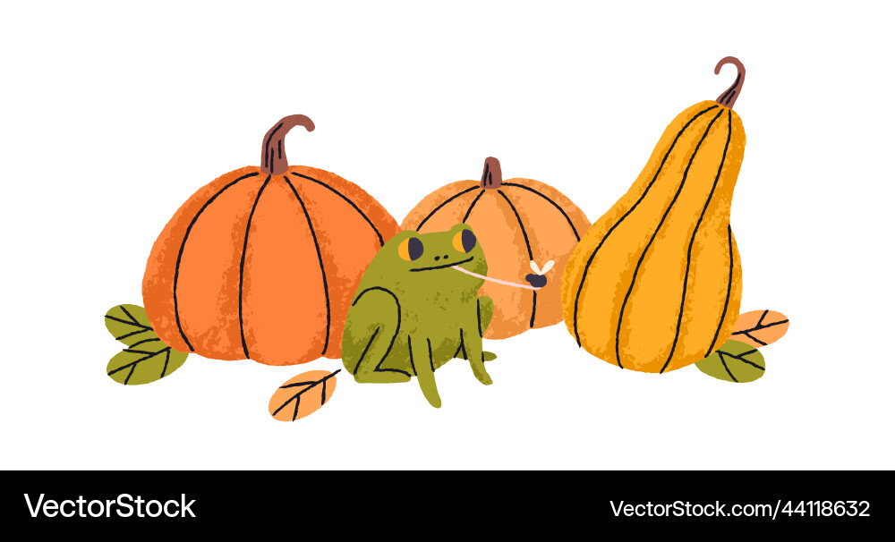 Cute Frog with Pumpkins - Fall Harvest Royalty Free Vector