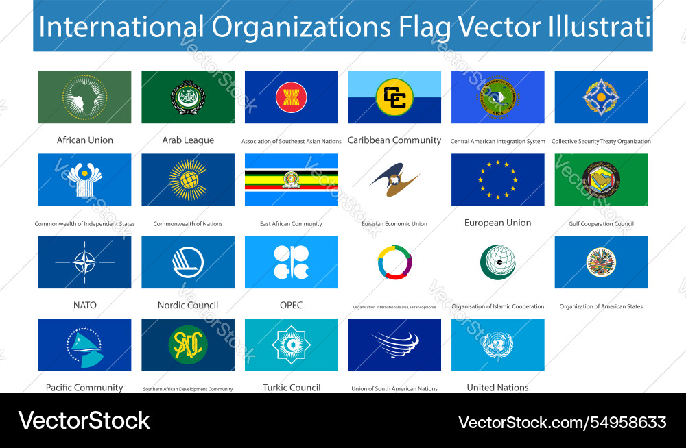 23 international organizations flag set Royalty Free Vector